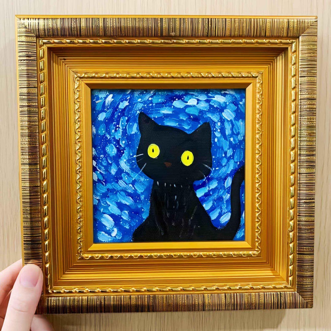 Kawaii Black Cat and Starry Sky Oil Painting With Gold Frame,small Wall ...