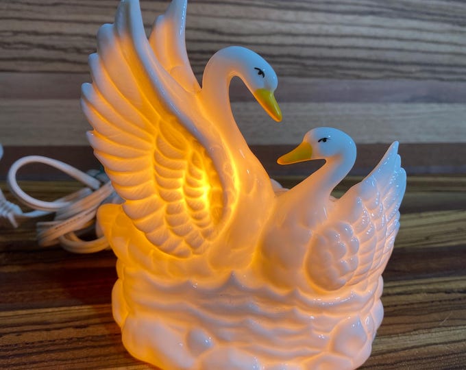 Vintage 1985 Lefton Hand Painted China Double Swan Goose Bird Electric ...