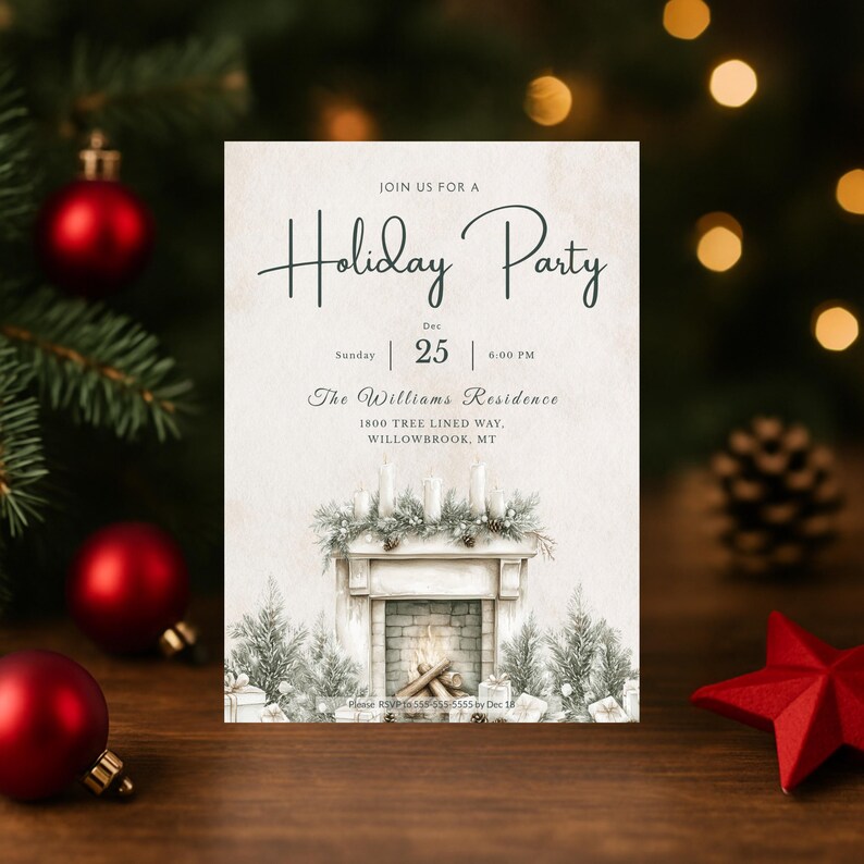 Rustic Holiday Party Invitation, Textured Watercolor, Editable Template ...