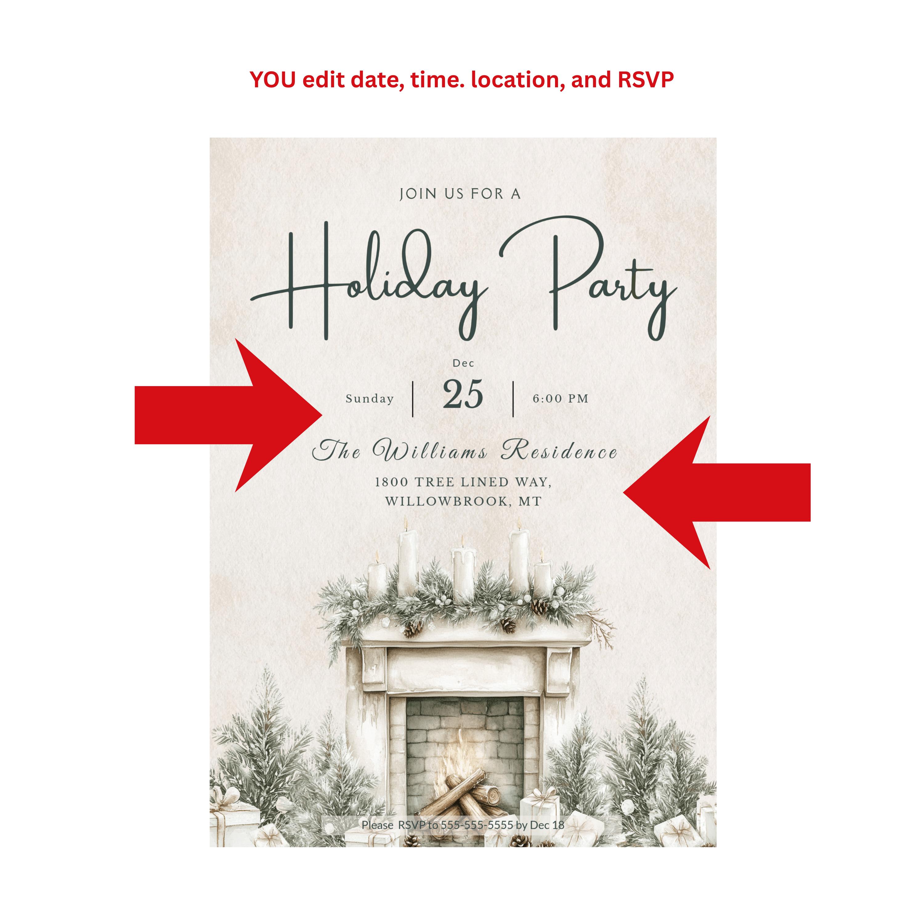 Rustic Holiday Party Invitation, Textured Watercolor, Editable Template ...