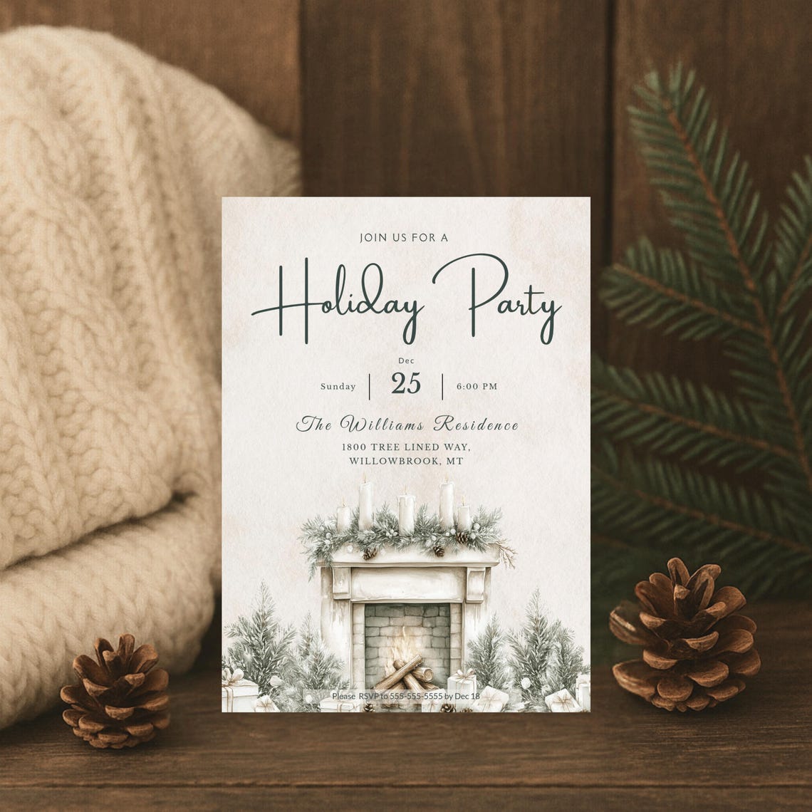 Rustic Holiday Party Invitation, Textured Watercolor, Editable Template ...