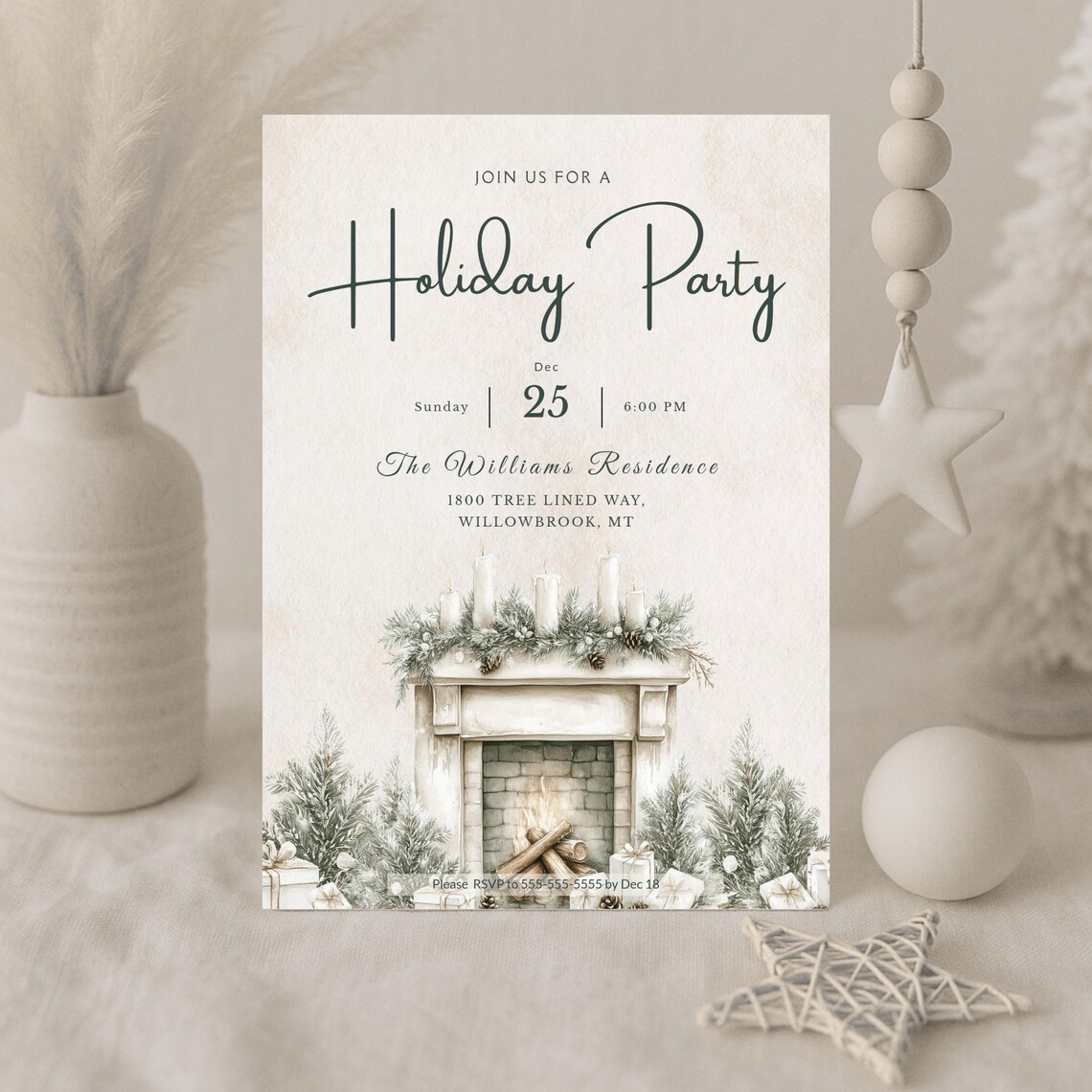 Rustic Holiday Party Invitation, Textured Watercolor, Editable Template ...