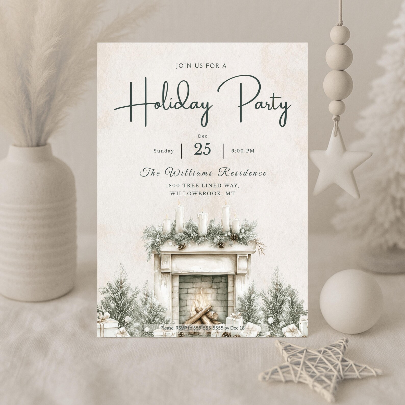 Rustic Holiday Party Invitation, Textured Watercolor, Editable Template ...