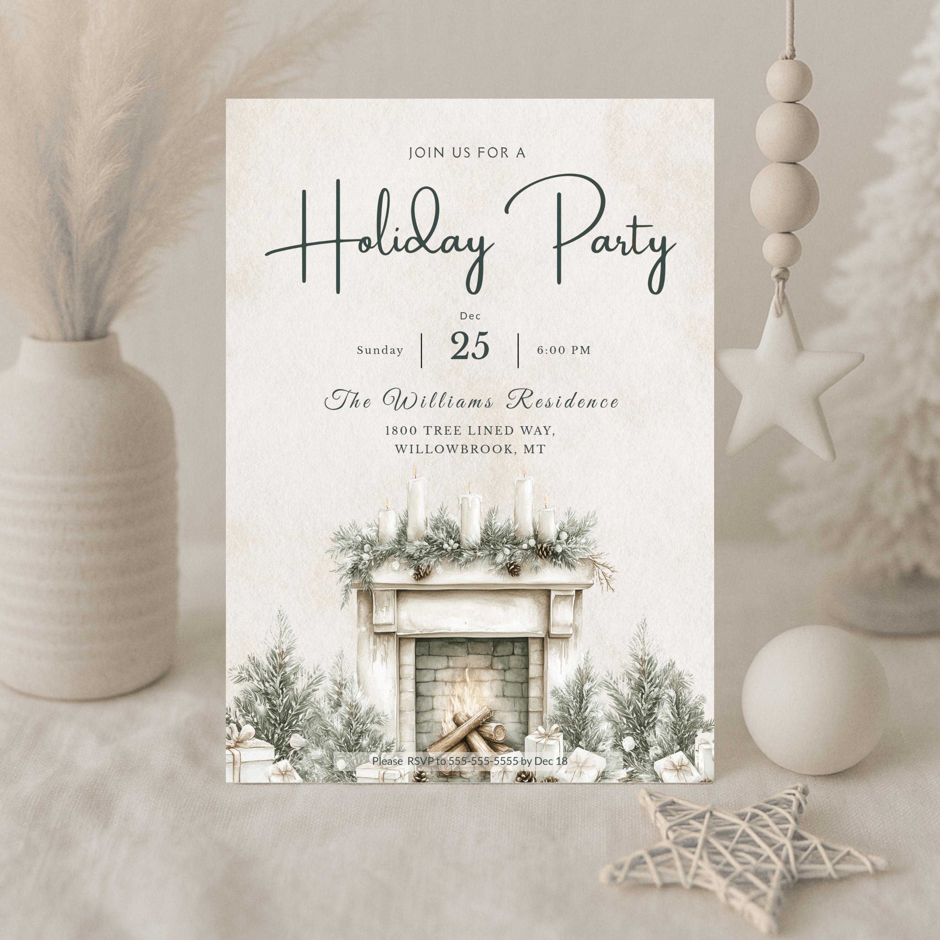Rustic Holiday Party Invitation, Textured Watercolor, Editable Template ...