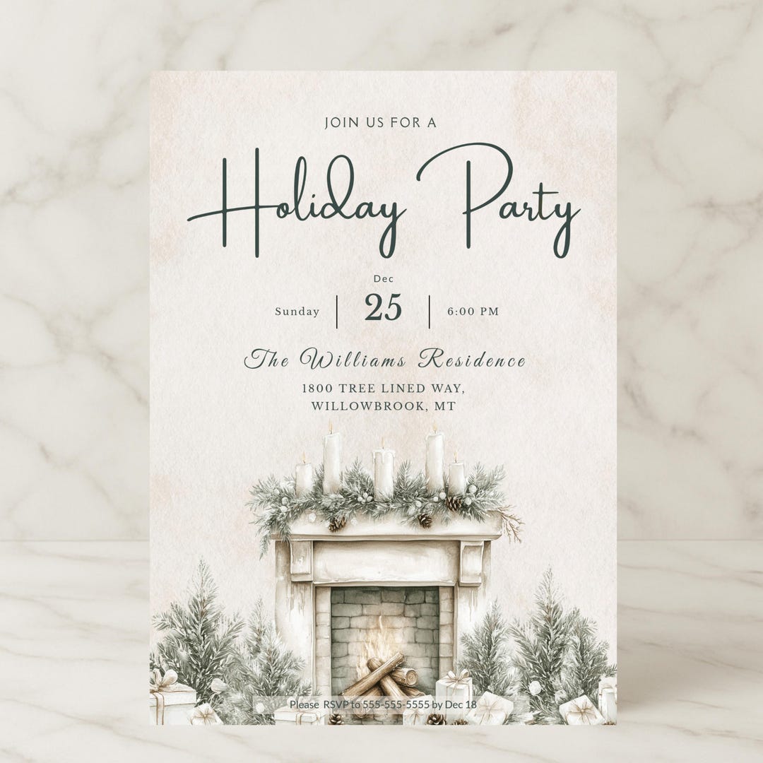 Rustic Holiday Party Invitation, Textured Watercolor, Editable Template ...