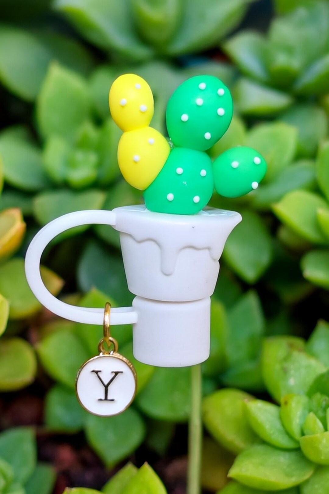Green Cactus Straw Topper With Initial Charm for Stanleys, Tumblers ...
