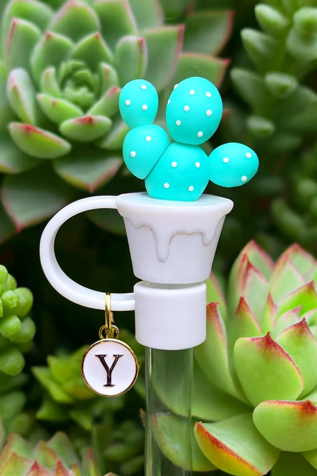 Aqua Cactus Straw Topper With Initial Charm for Stanleys, Tumblers, Etc ...