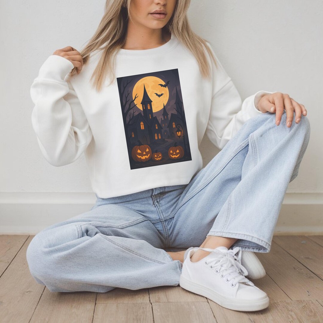 Haunted House Halloween Sweatshirt, Spooky Pumpkin Pullover With Full ...