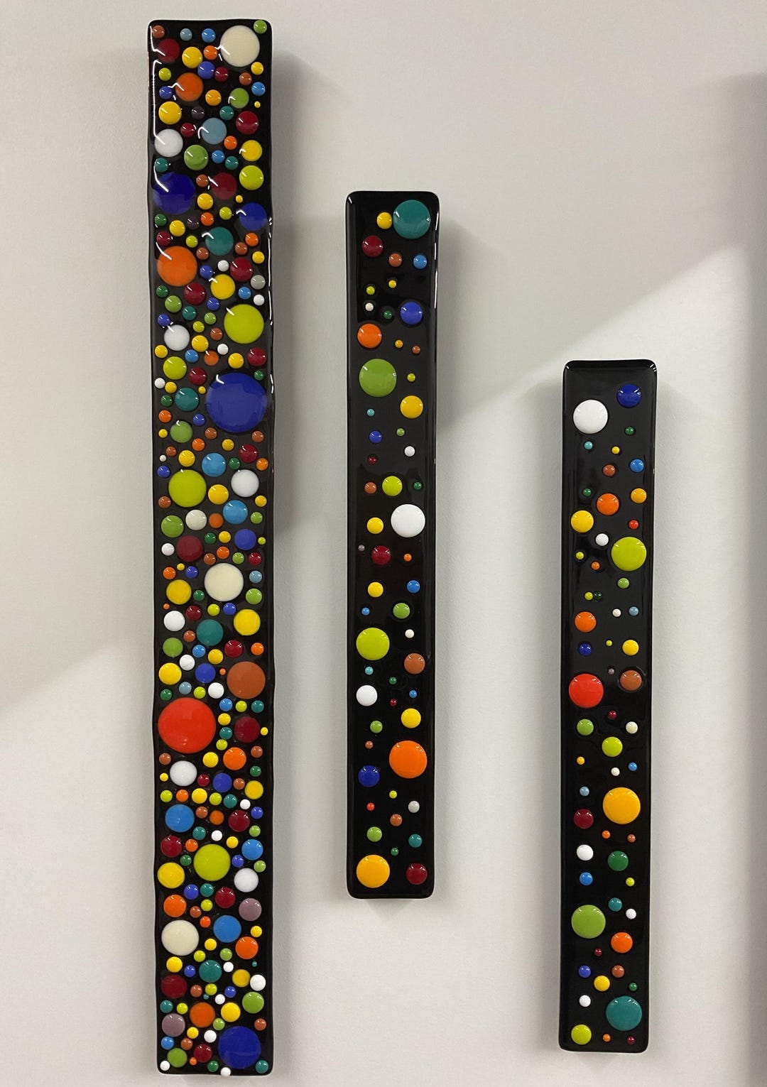 Vertical Fused Glass Pebble Wall Panel Trio - Black Base With Raised ...