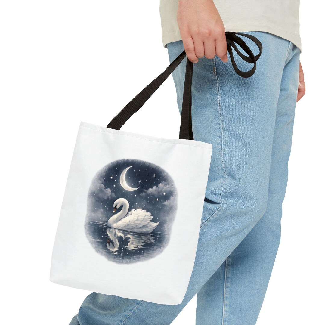 Swan Tote Bag | Night Sky, Crescent Moon, Water Reflection - Etsy