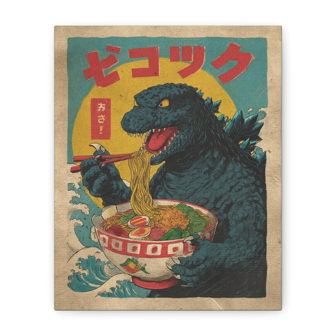 Godzilla Eating Ramen Canvas Print, Japanese Monster Wall Art - Etsy