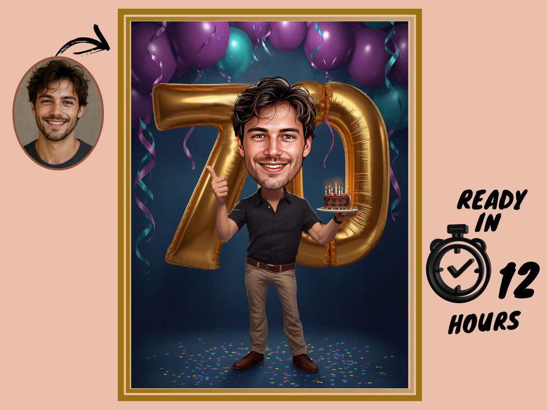 Custom 70th Man Cartoon Portrait | 70th Birthday Caricature | Birthday ...