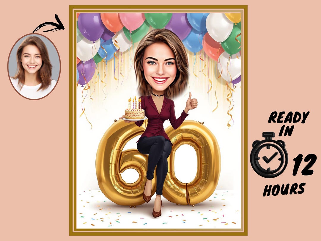 Custom 60th Cartoon Portrait | 60th Caricature | Personalized Happy ...