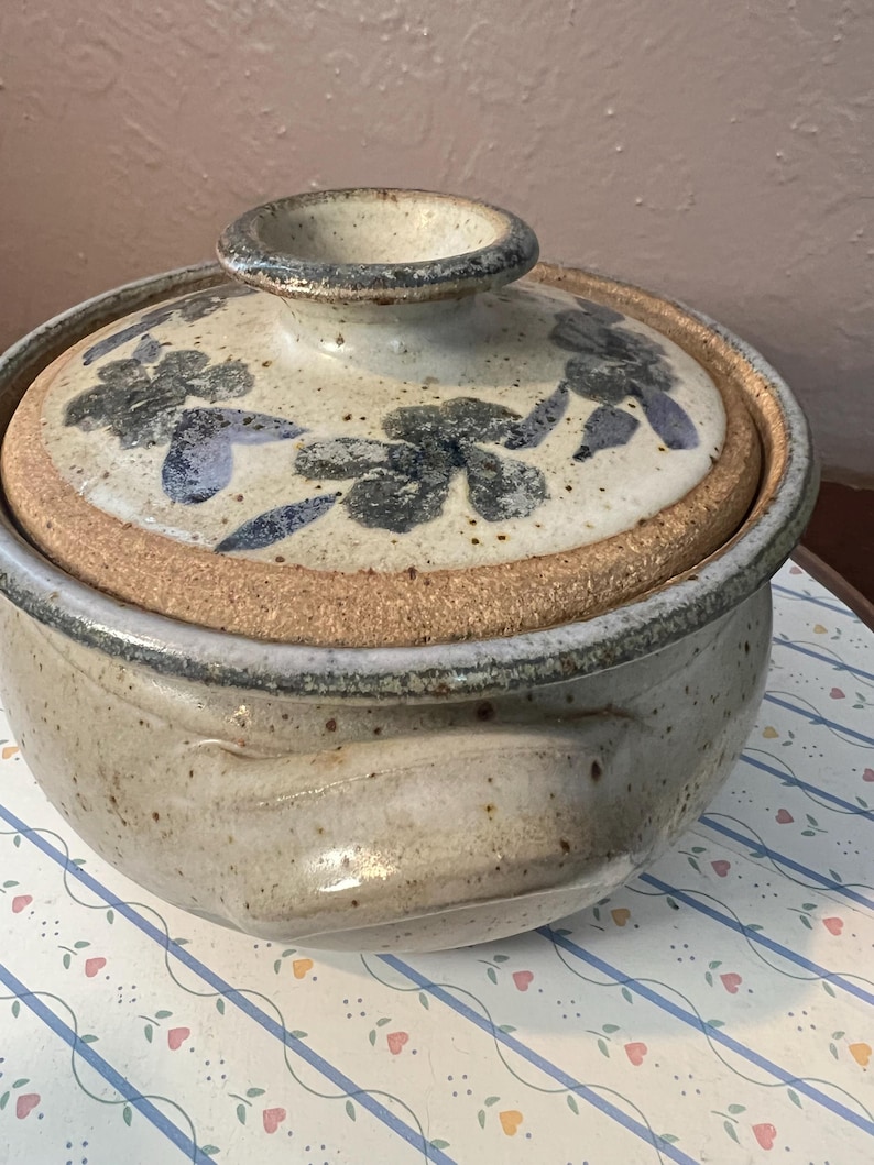 Vintage Artist Signed Studio Pottery Lidded Crock | Hand-painted Blue ...