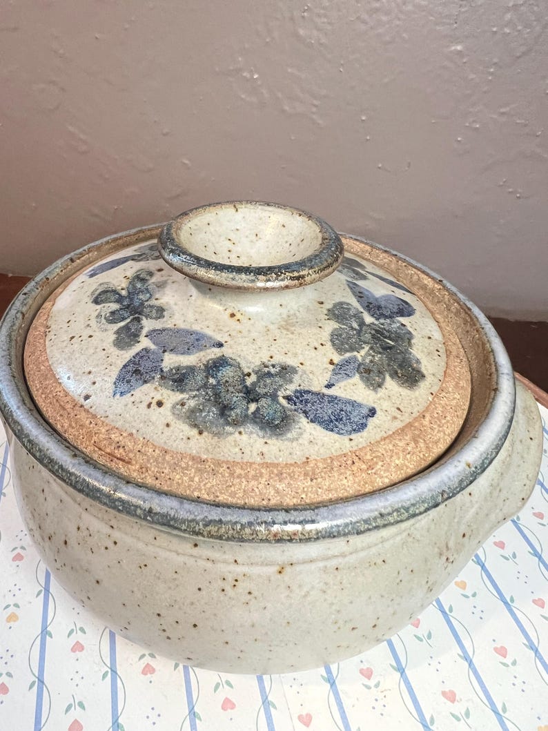 Vintage Artist Signed Studio Pottery Lidded Crock | Hand-painted Blue ...