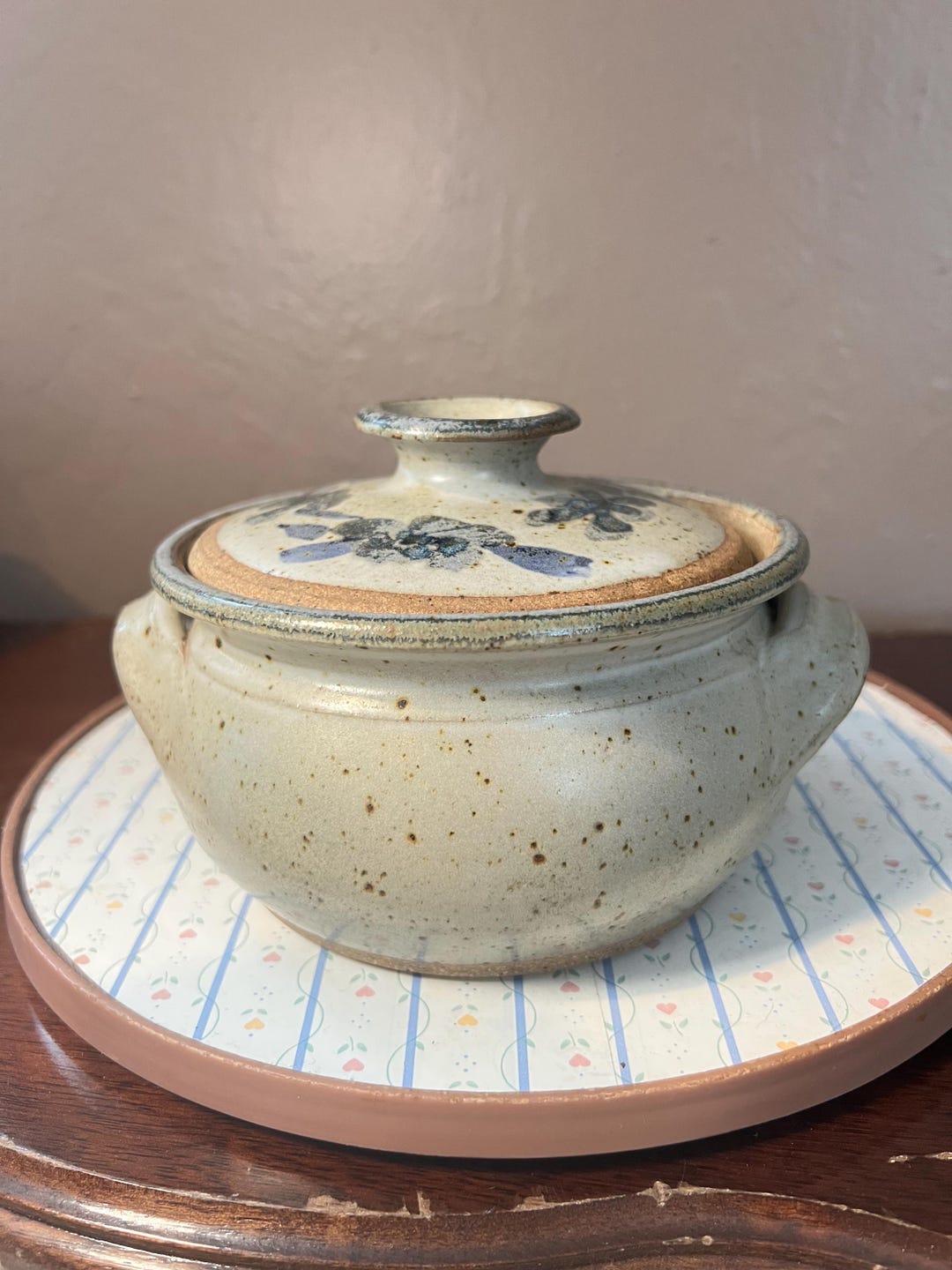 Vintage Artist Signed Studio Pottery Lidded Crock | Hand-painted Blue ...