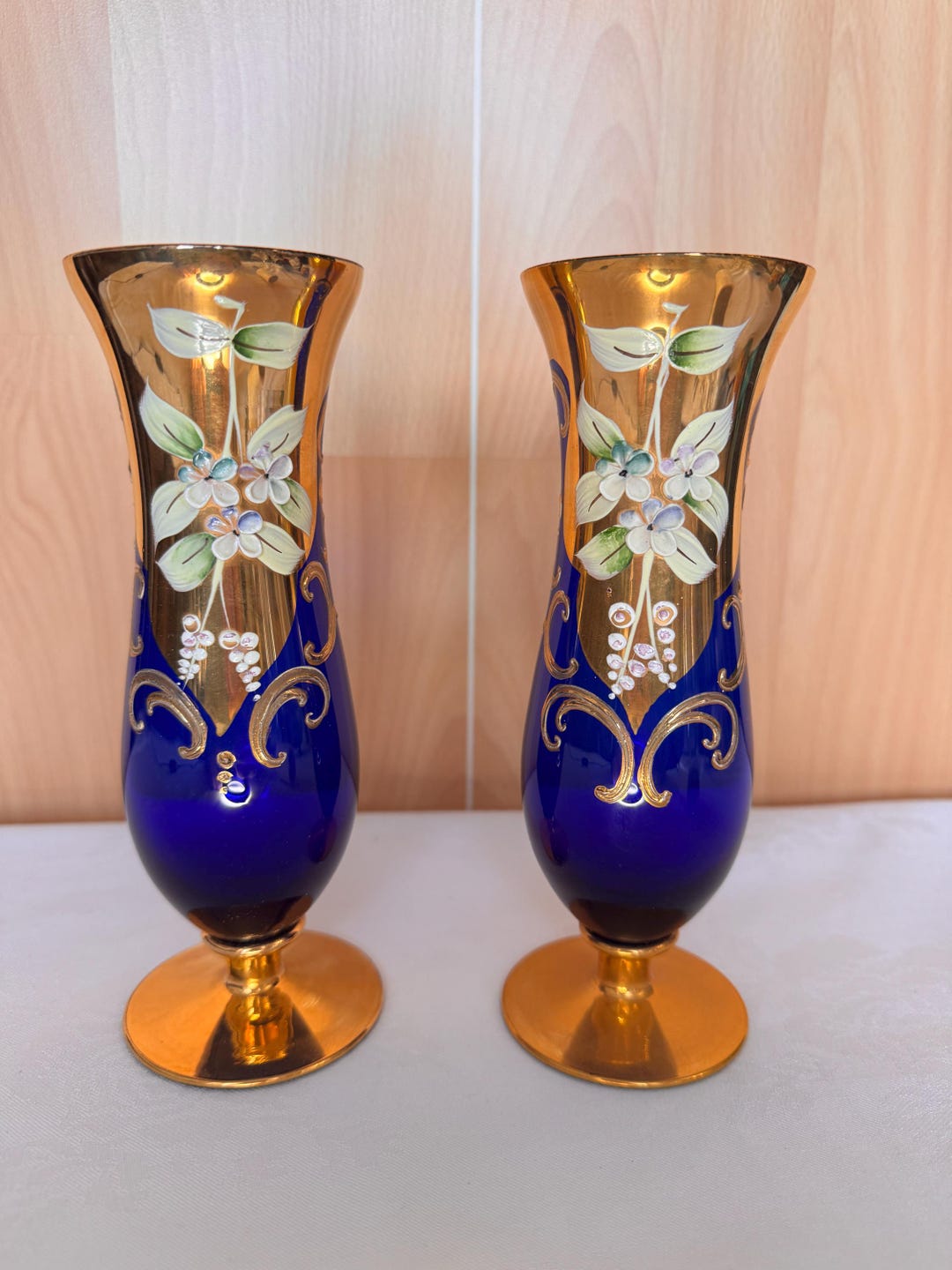 Vintage Opulent Cobalt Blue Bohemian Art Glass Vases With Gold Enamel ...