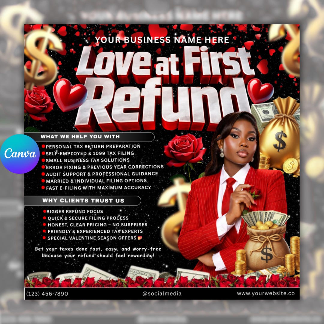 Tax Prep Flyer Template, Love at First Refund Flyer, Valentine Tax ...