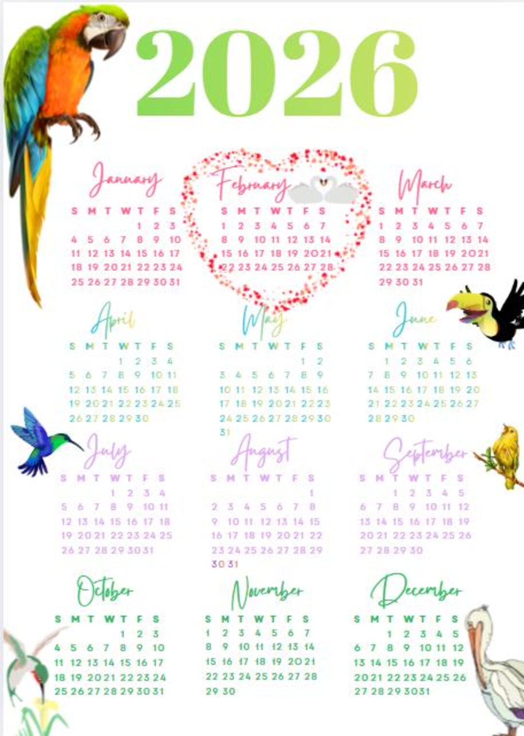 2026 Bird Calendar – Printable | Beautiful Variety of Birds | Nature ...