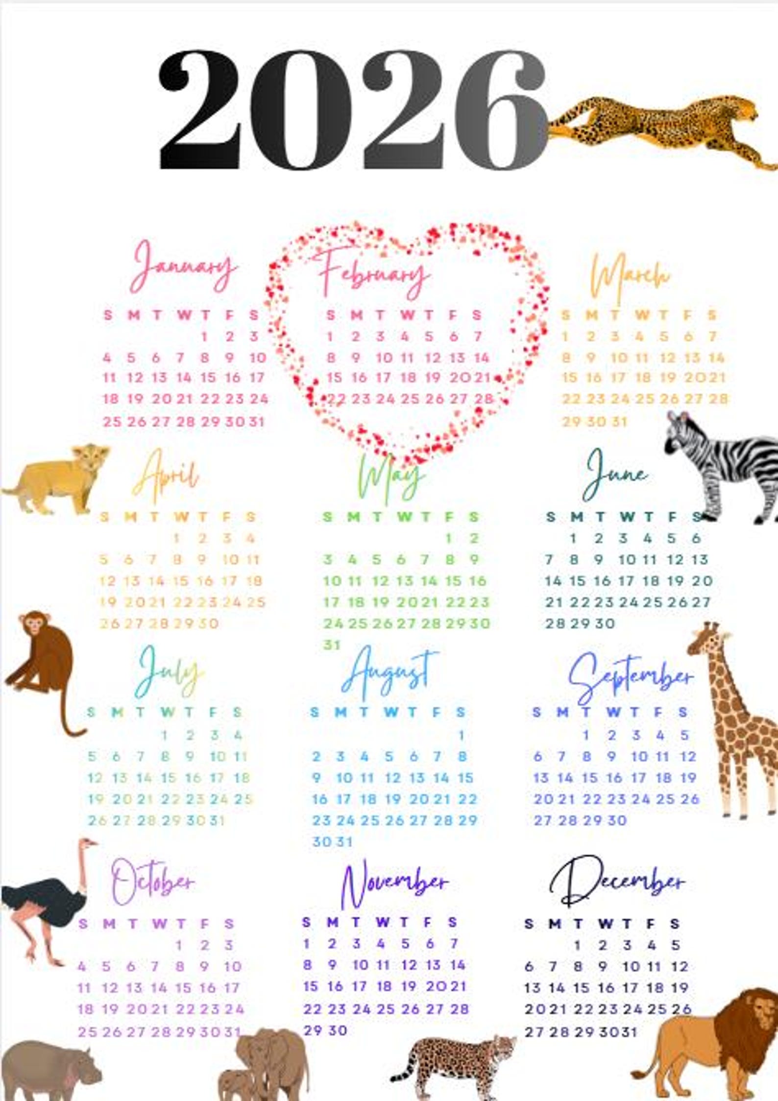 2026 Safari Animal Calendar | Funny Cheetah & Jungle Friends ...