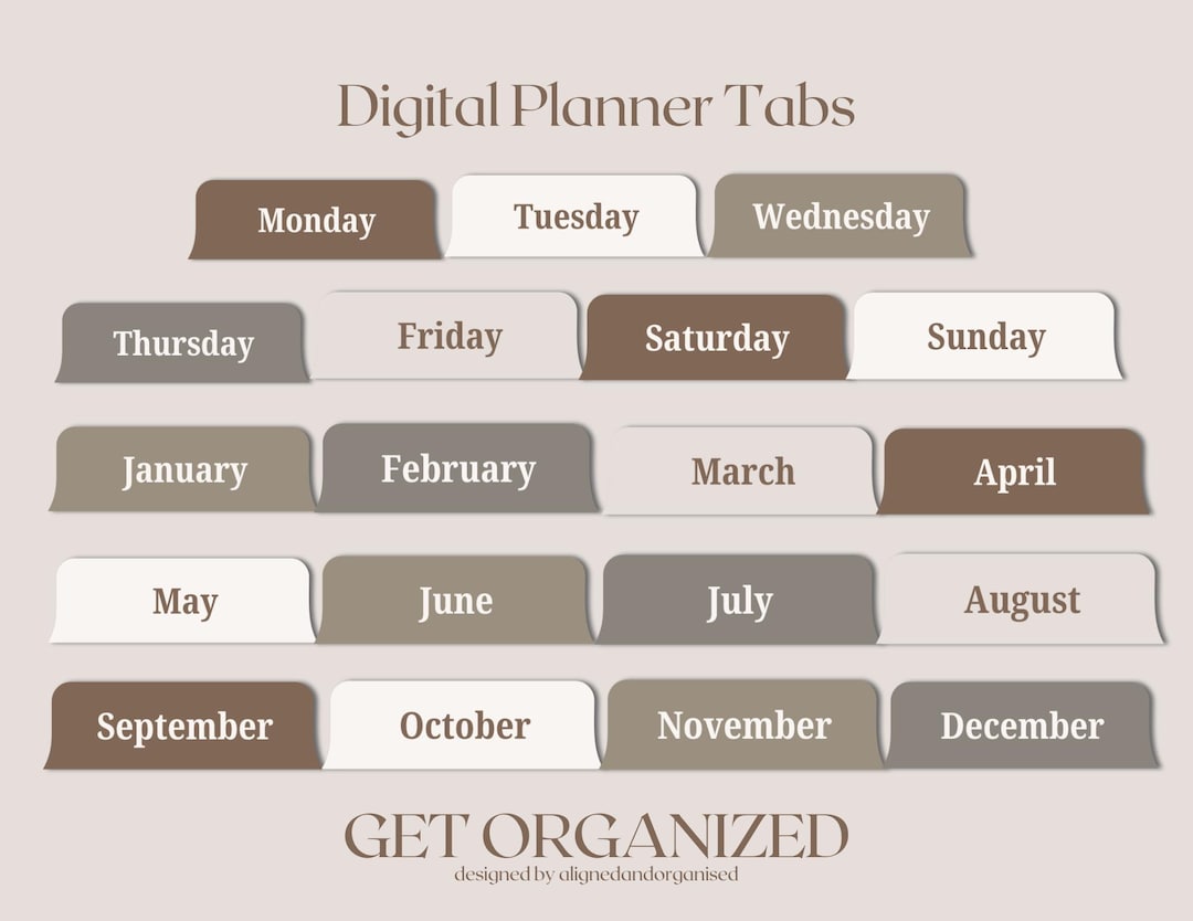 Neutral Digital Planner Tabs – Days & Months PNG Stickers (digital ...