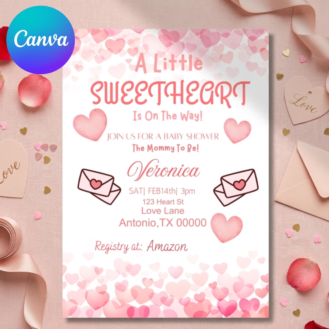 Sweetheart Baby Shower Invitation, Pink Hearts, Valentine Theme ...