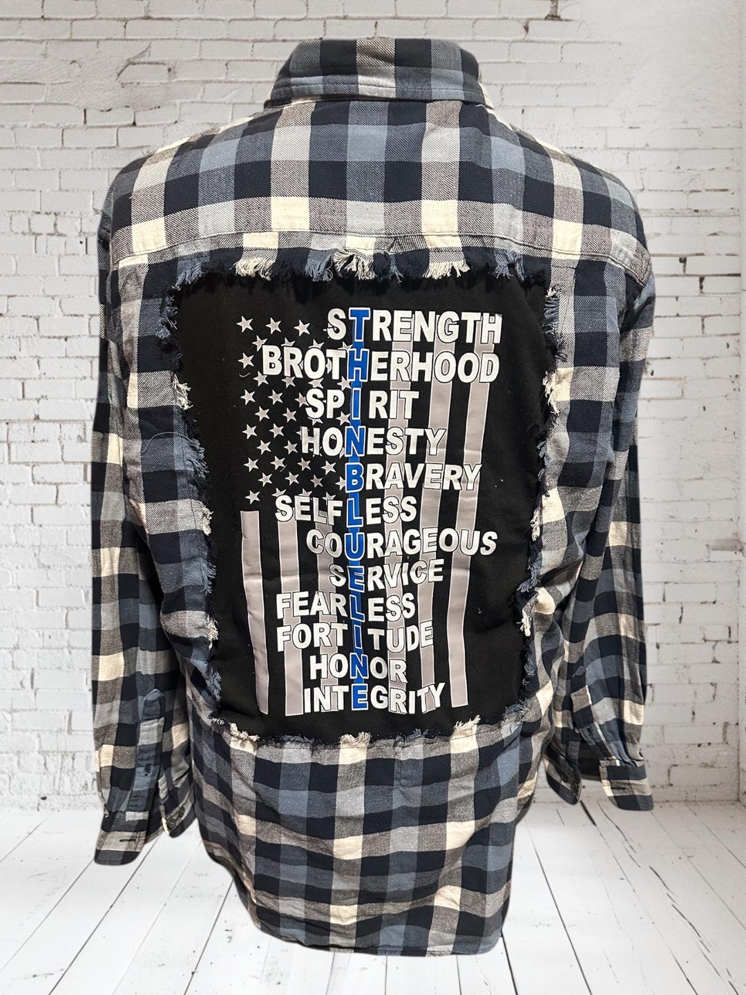 Handmade Upcycled Thin Blue Line Flannel, Police Brotherhood Distressed ...