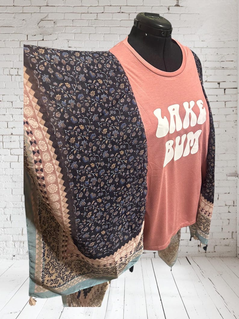 Upcycled Boho Tunic, Floral Paisley Scarf Sleeves, Plus Size One Size ...