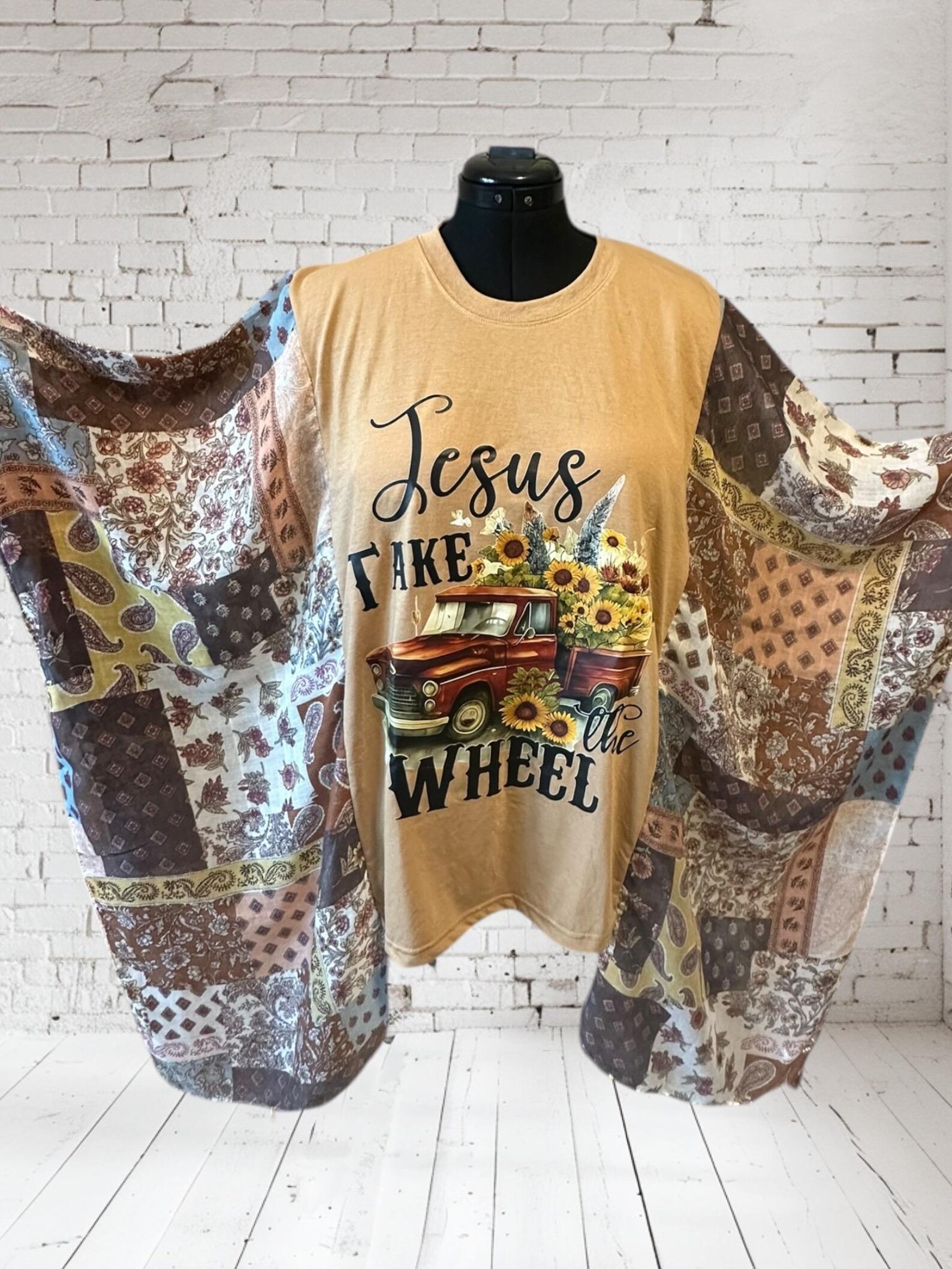 Upcycled Boho Tunic, Faith Graphic Tee, Patchwork Scarf Sleeves, Plus ...