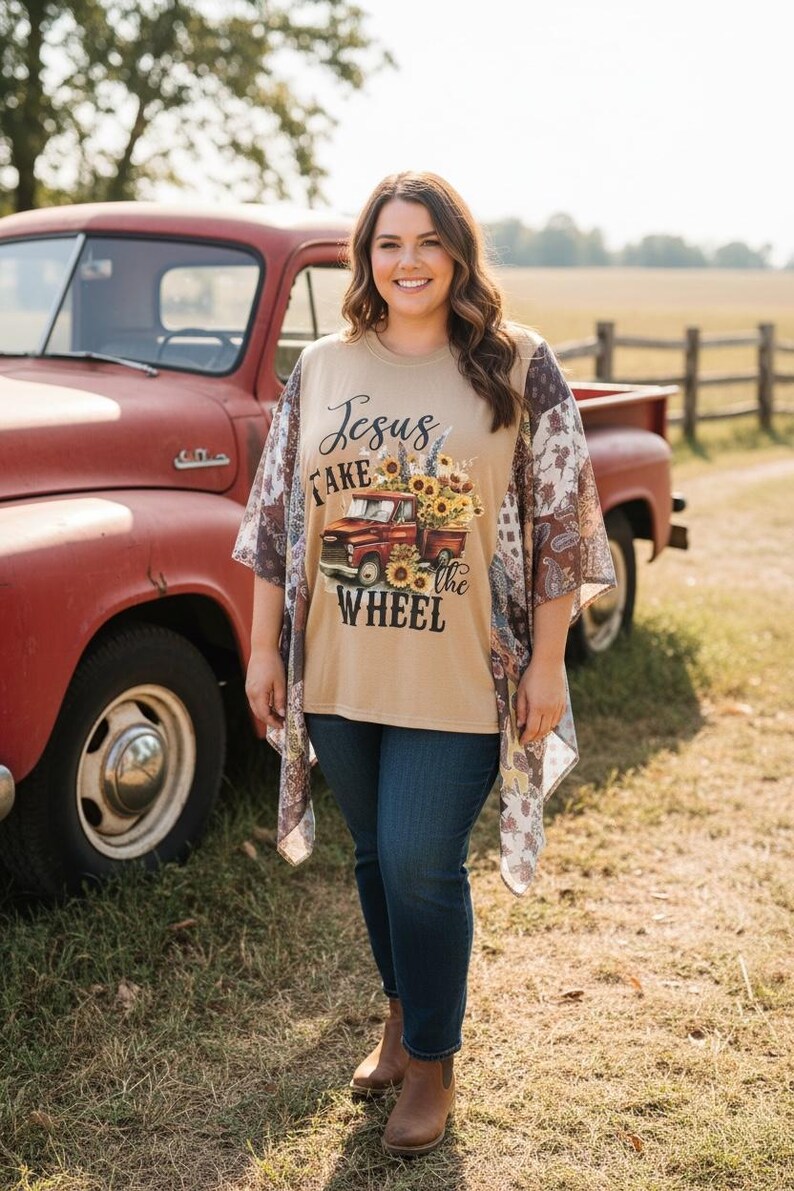 Upcycled Boho Tunic, Faith Graphic Tee, Patchwork Scarf Sleeves, Plus ...