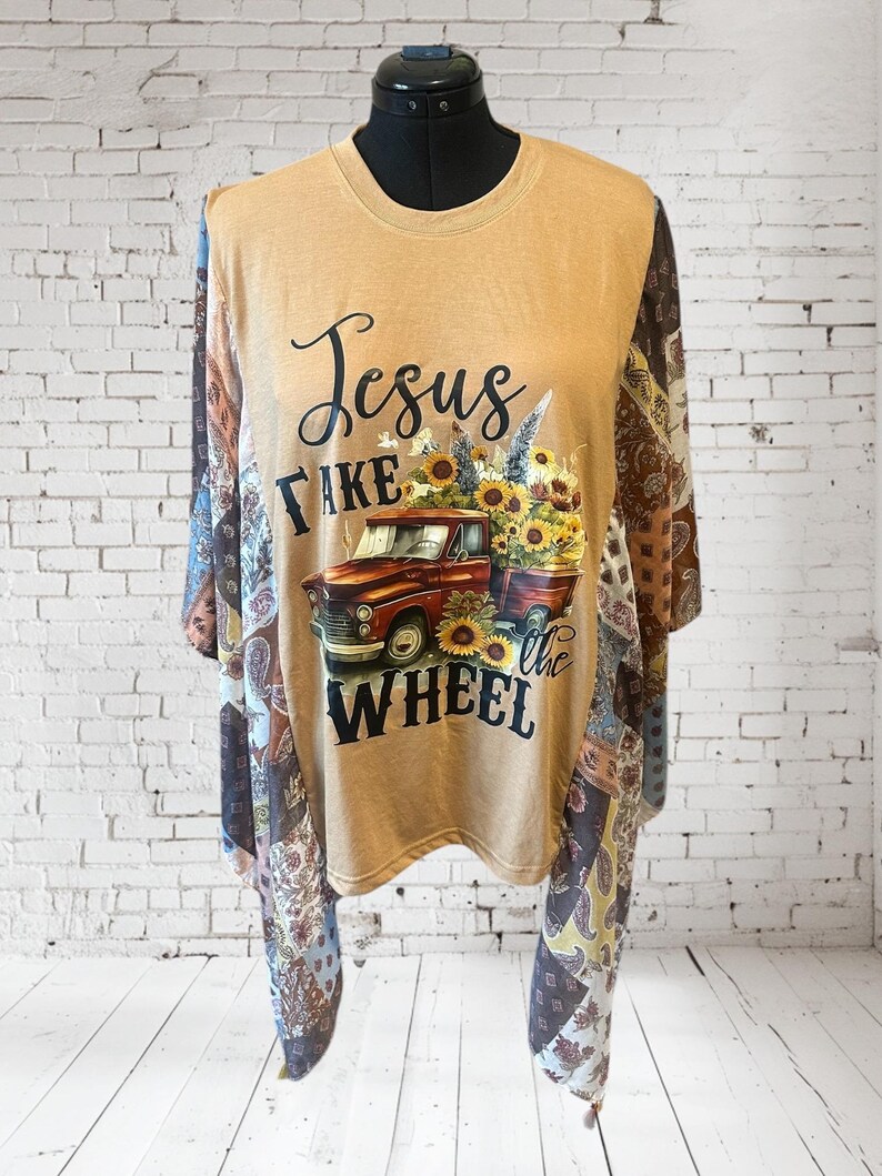 Upcycled Boho Tunic, Faith Graphic Tee, Patchwork Scarf Sleeves, Plus ...