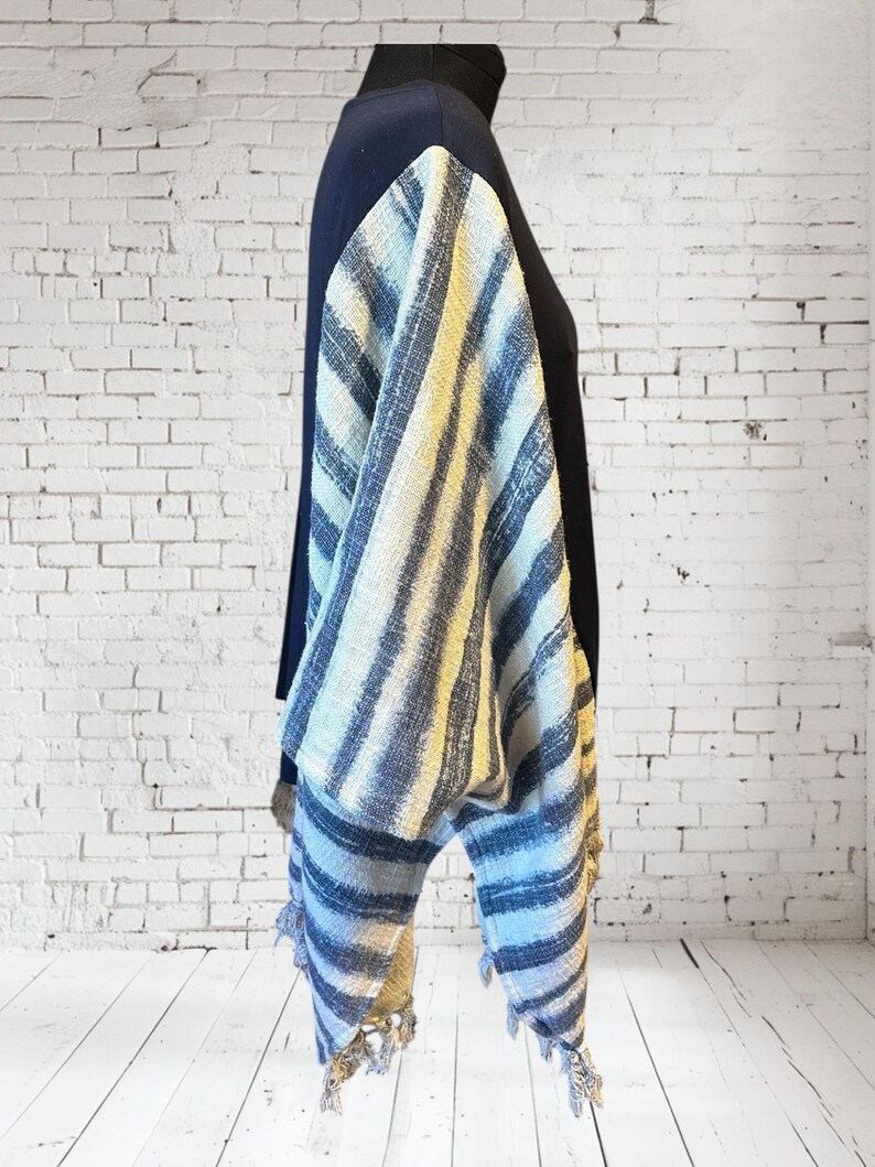 Upcycled Boho Poncho Tunic, Navy Blue Striped Blanket Sleeves, Fringe ...