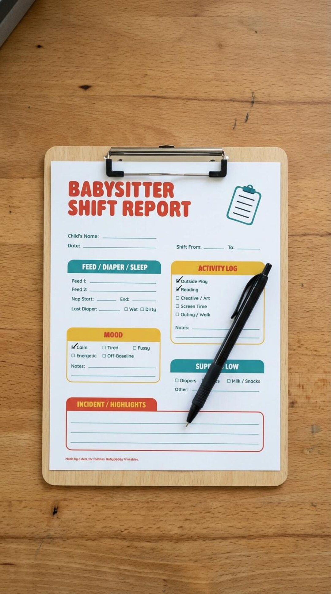 Babysitter Shift Report Printable | Childcare Daily Log | Baby Care ...