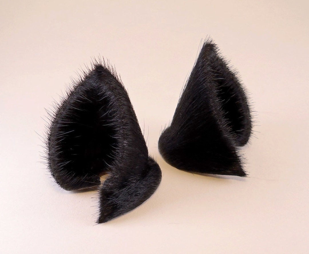 Black Cat Ears Leather Fur Sleek Realistic Cosplay Kitten Pet Play ...