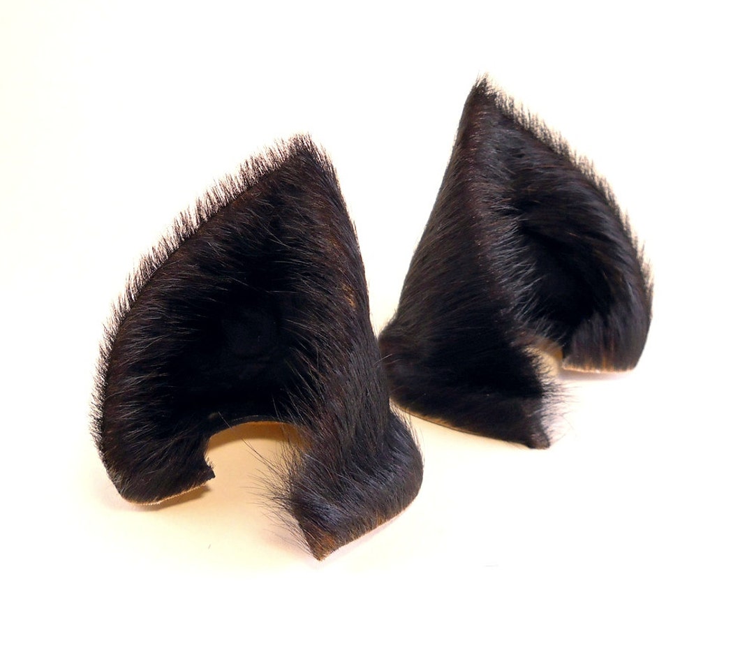 Black Cat Ears Fur Leather Realistic Cosplay Kitten Pet Play Furry Goth ...