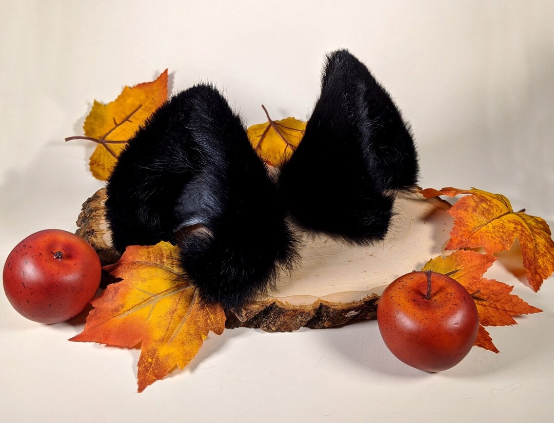 Huge Fluffy Black Cat Ears Leather Fur Cosplay Kitten Pet Play Furry ...