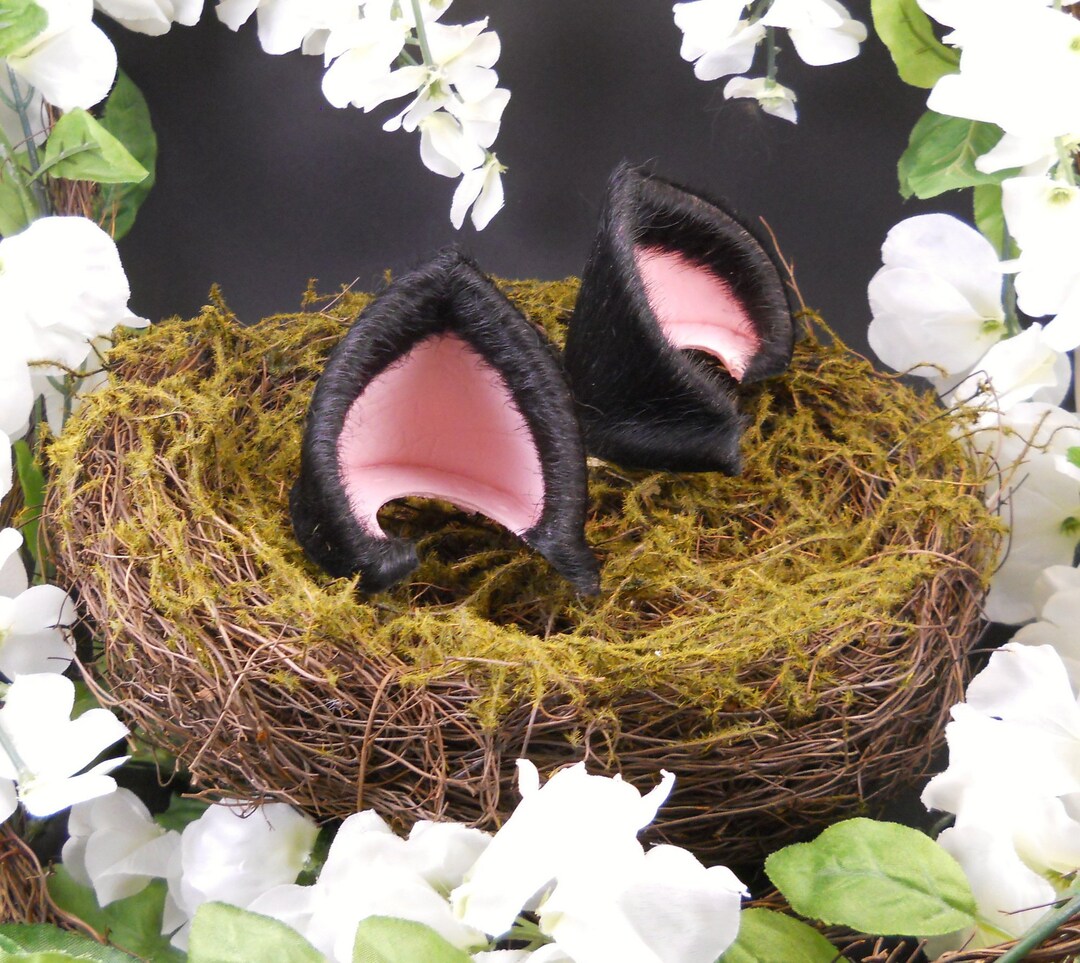 Black Cat Ears Leather Fur Realistic Cosplay Kitten Pet Play Furry Goth ...