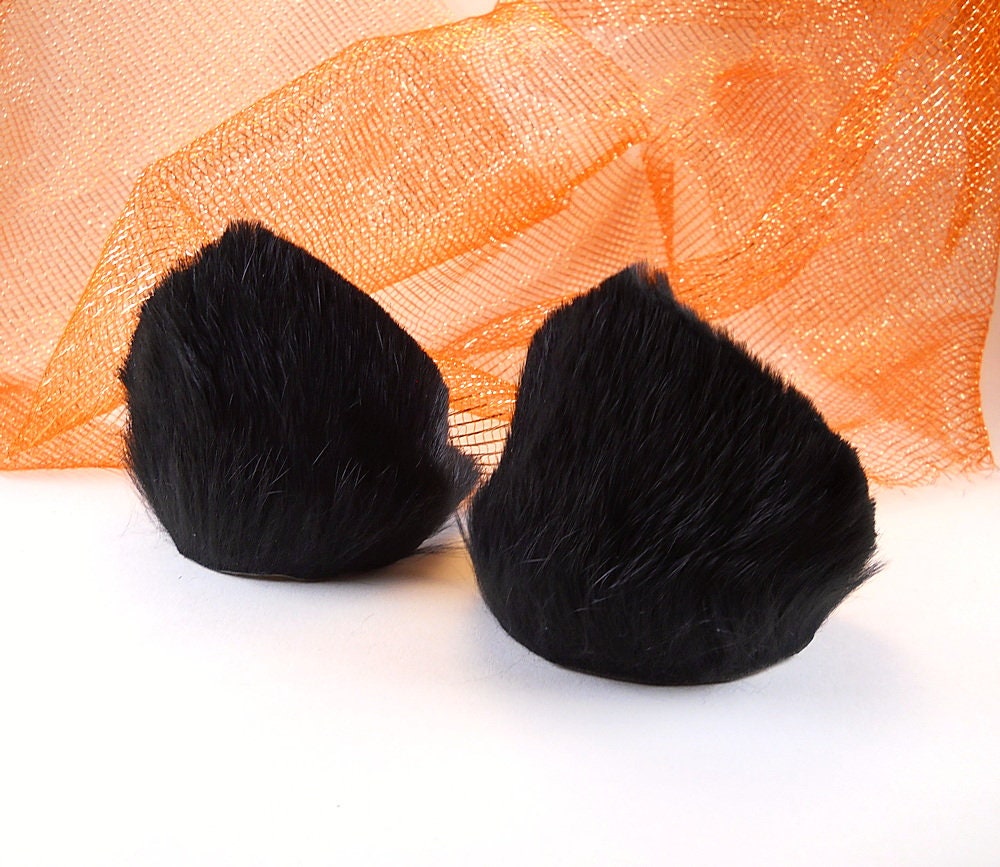 Fluffy Black Cat Ears Fur Leather/ Realistic Cosplay Kitten Pet Play ...