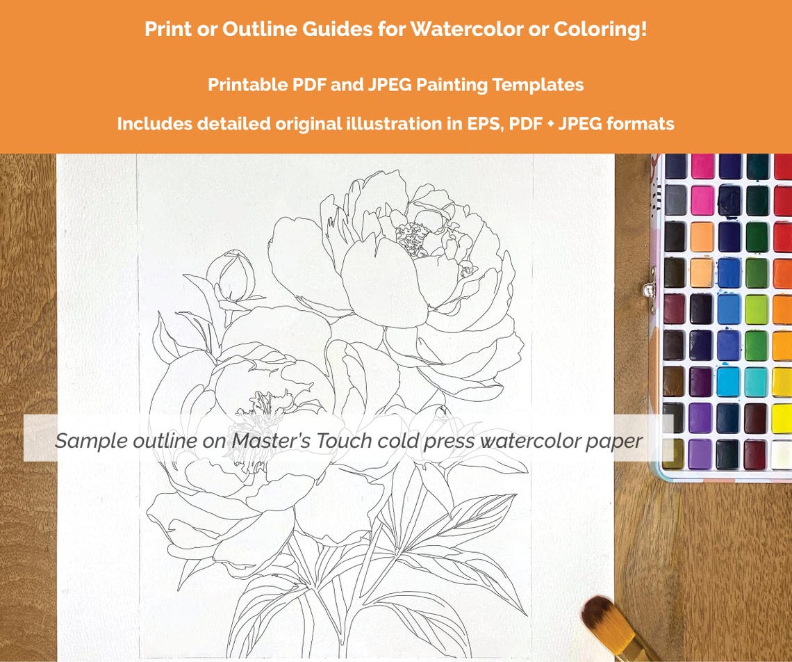 Peony Watercolor Outline | Printable Flower Sketch | Zacharias Atelier ...