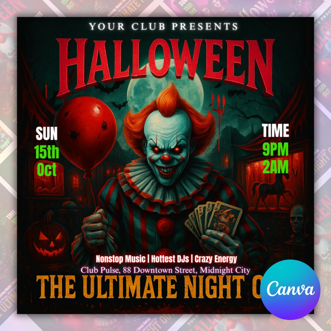 Scary Clown Halloween Party Flyer: Horror Night Invitation (canva ...