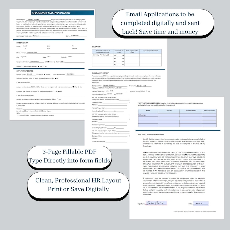 Fillable Employment Application PDF / Professional HR Hiring Form ...