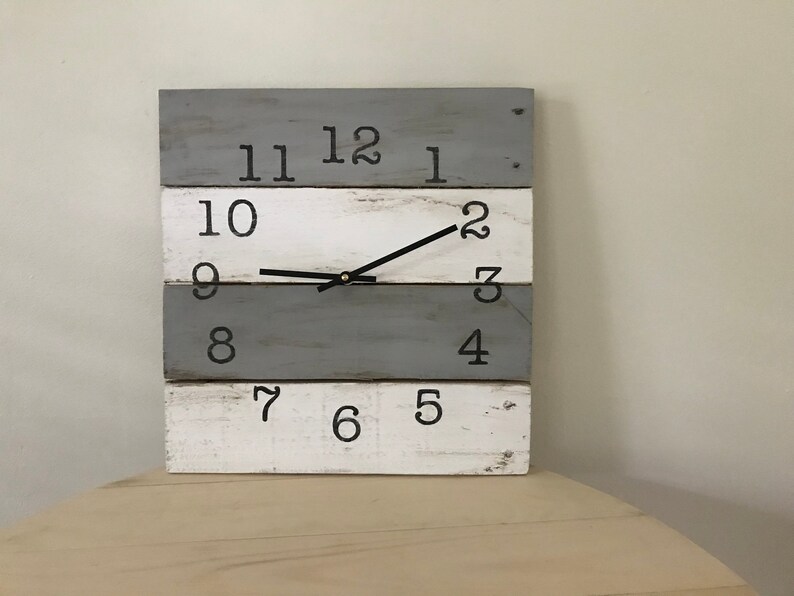 Wood Wall Clock in gray and white with black typewriter style | Etsy