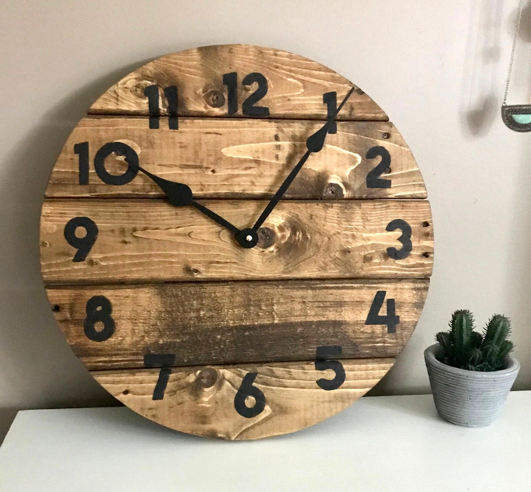Rustic Modern Farmhouse Clock, Warm Coffee Stain, Natural Wood Grains ...