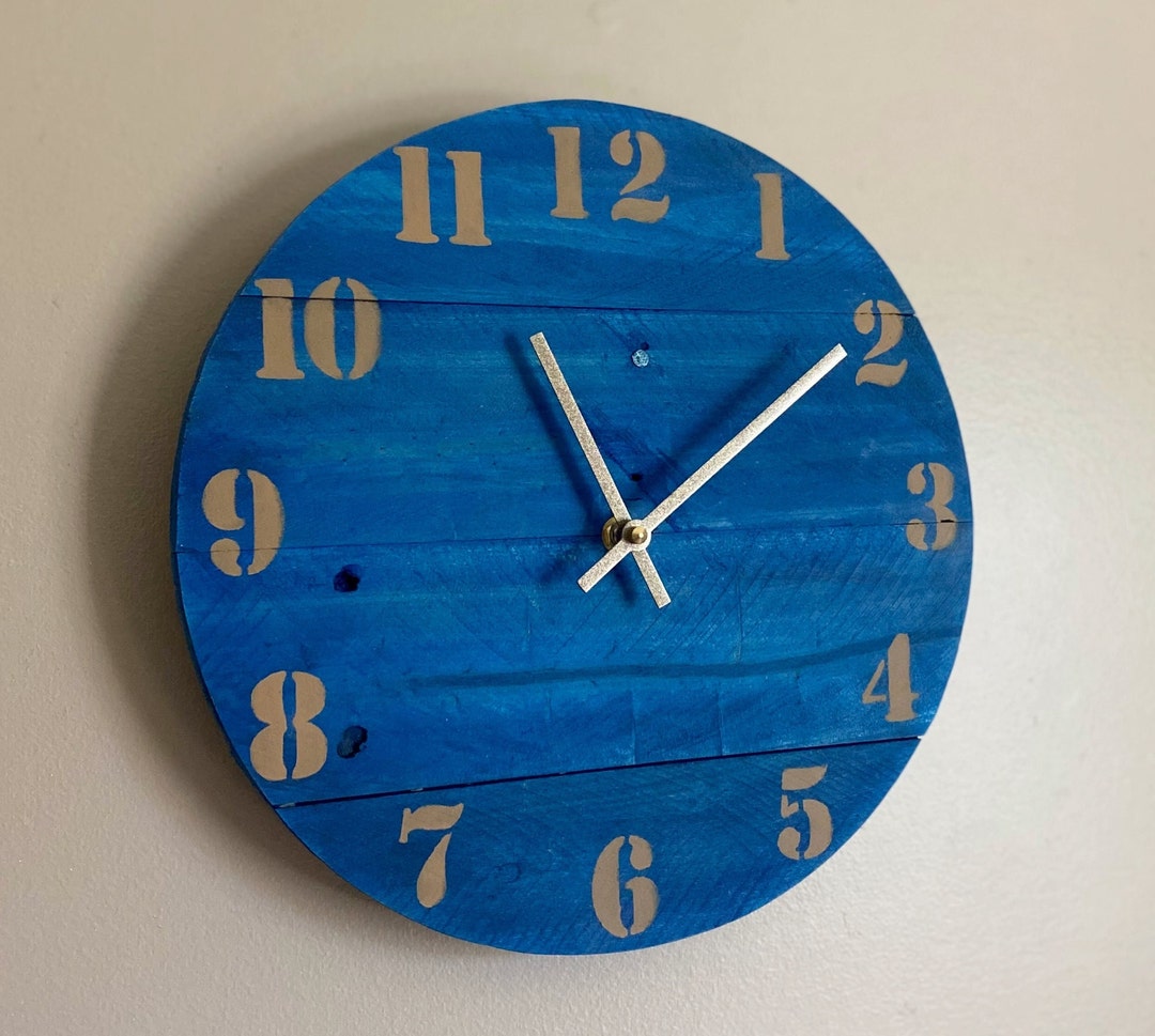 Round Wood Wall Clock, Gorgeous Blue With Bronze Accents, Reclaimed ...