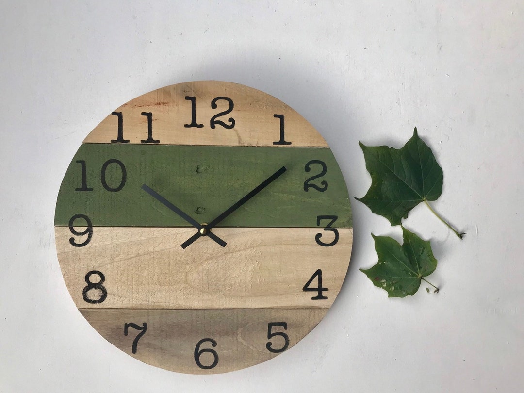 Reclaimed Wood Wall Clock, Neutral Colors With Avocado Green Accent ...