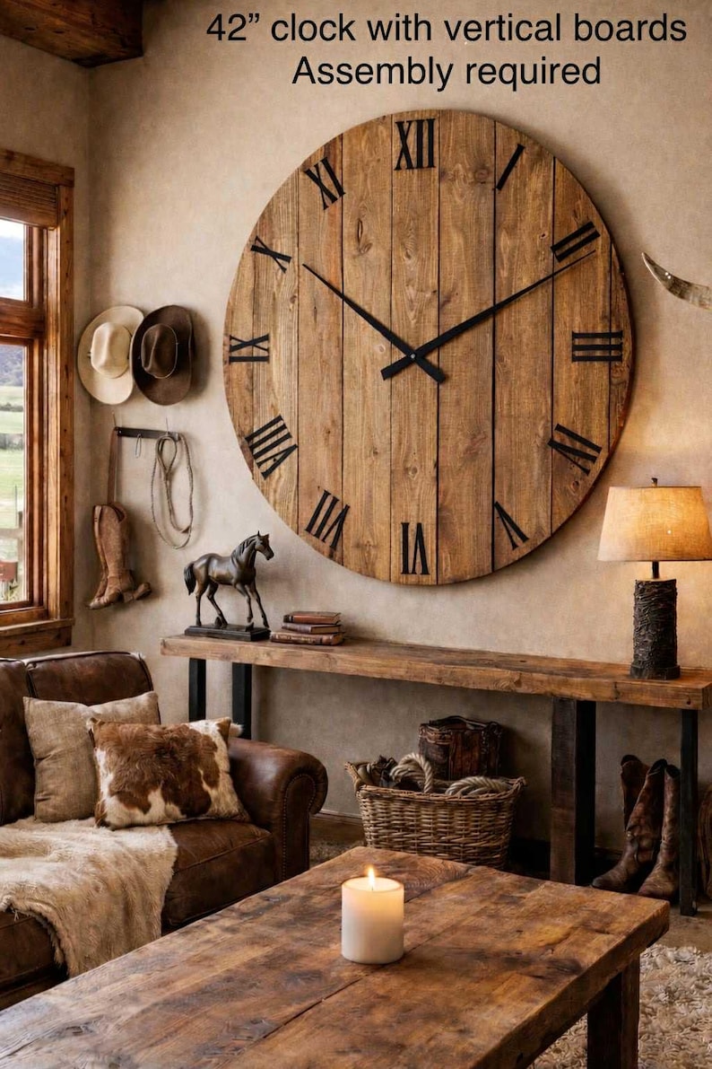 Oversized Huge Large Rustic Real Wood Wall Clock in Golden Oak Stain 42 ...