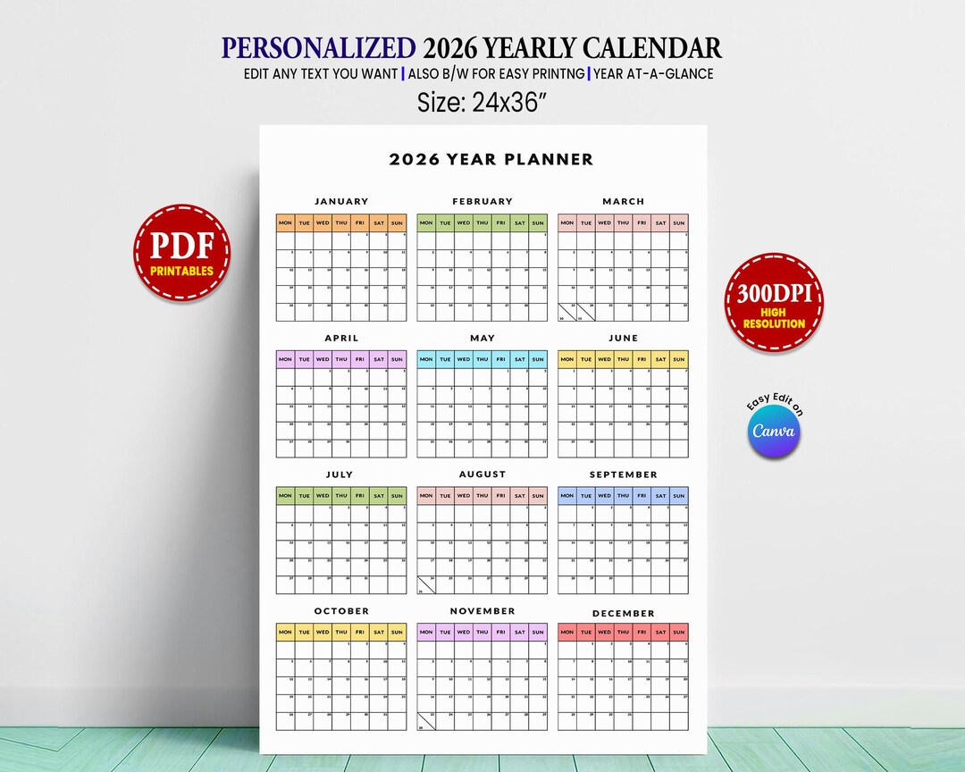 Editable Yearly Planner, Printable Yearly Overview on One Page, Year at ...
