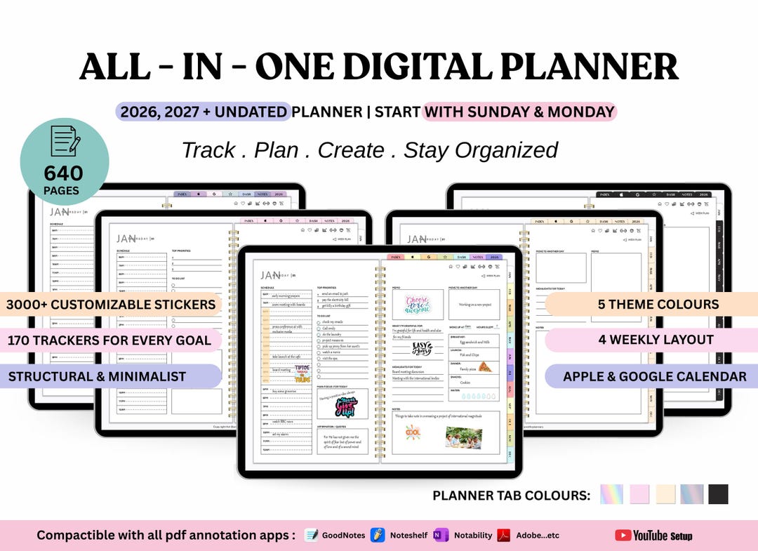 All-in-one Digital Planner 2026 2027, Undated Digital Planner ...