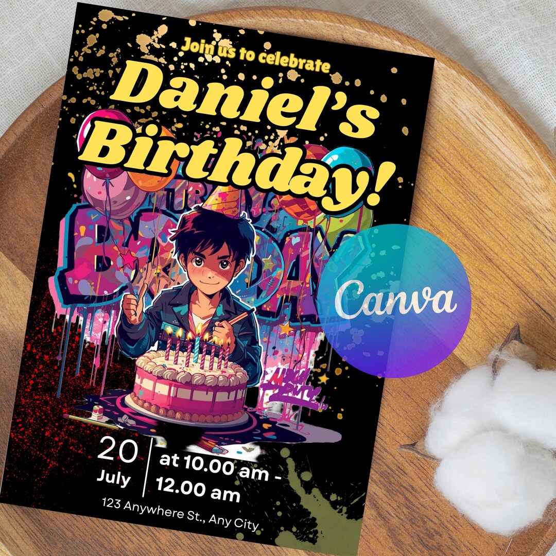 Birthday Invitation, Editable Canva Birthday Party Invite, Anime Style ...