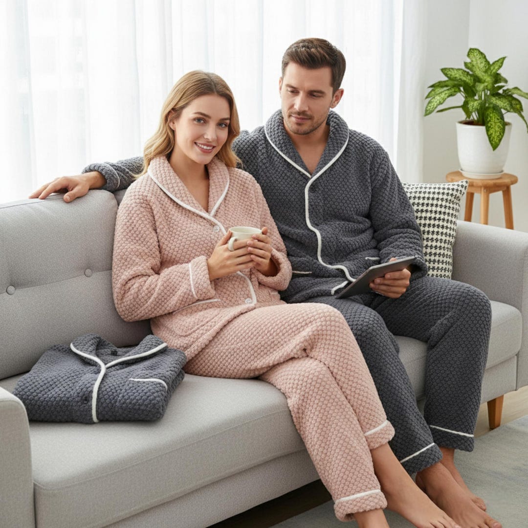 Matching Couple Pajamas Set, Waffle Fleece His and Hers Loungewear ...